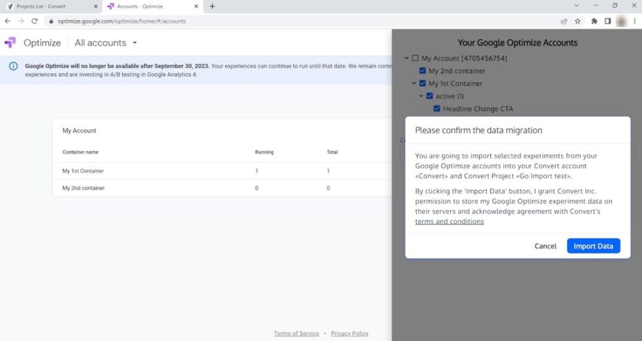 Export Google Optimize Data with Convert’s Migration Tool